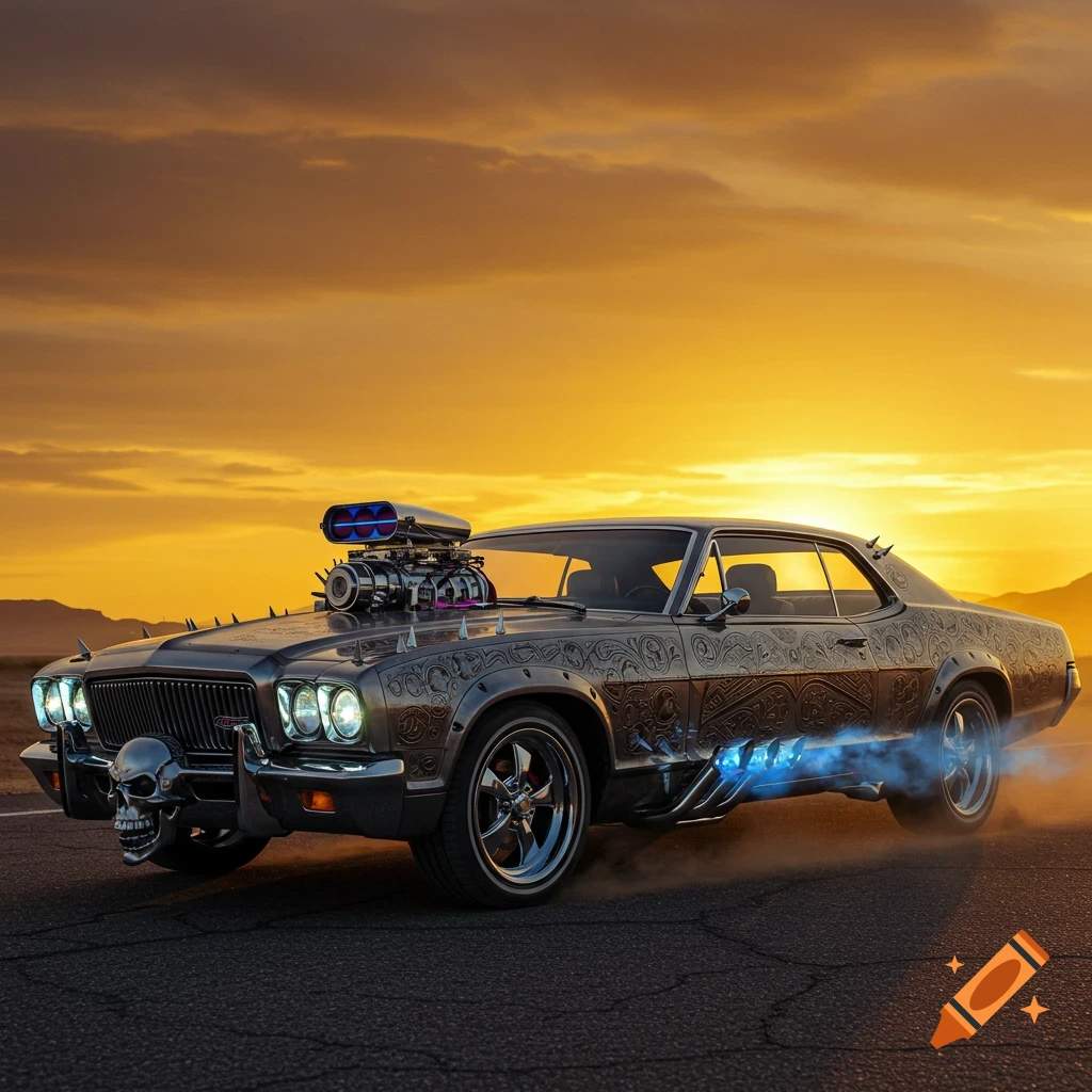 A detailed, customized dark grey low rider car with a metal skull on ...