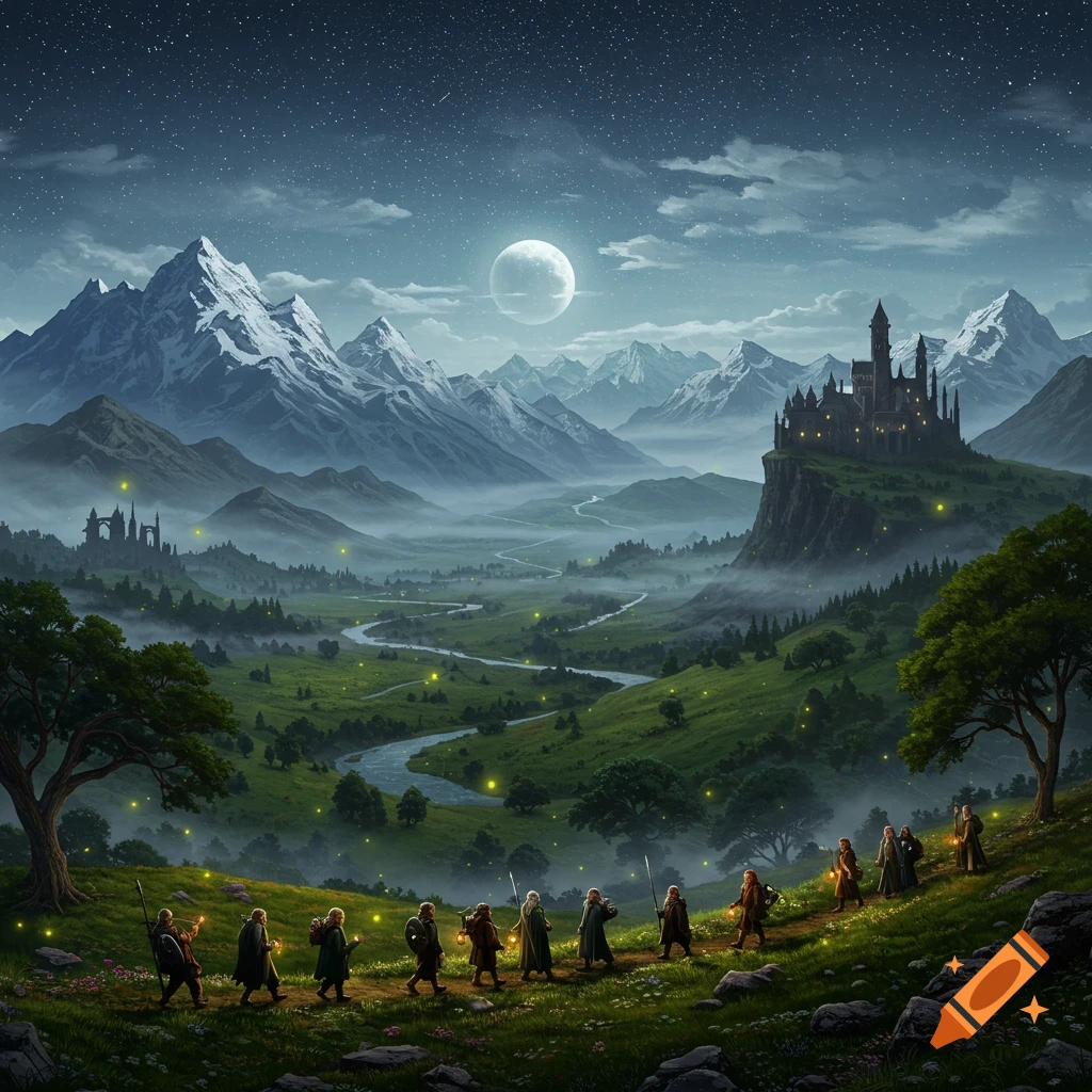 Seven figures in long drab coats stand within a deep cracked ditch in a ...