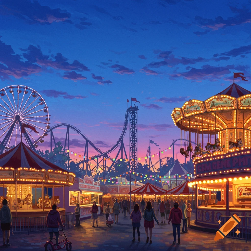 A vibrant, illustrated theme park scene with families, children, and ...