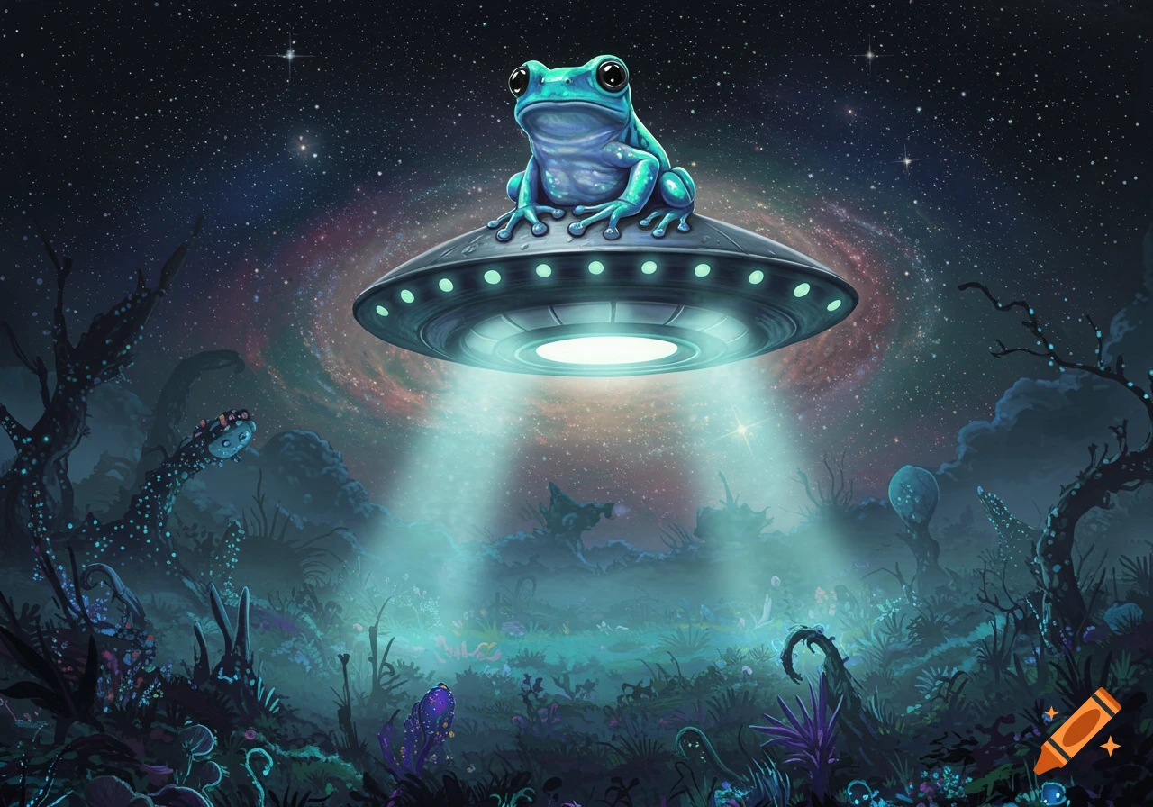 Colorful cartoon aliens camp around a campfire on an alien planet under ...