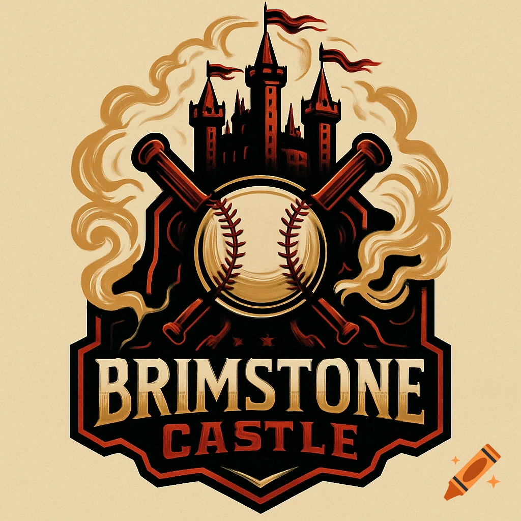 A vintage-style logo featuring a dark castle with red flags, two ...