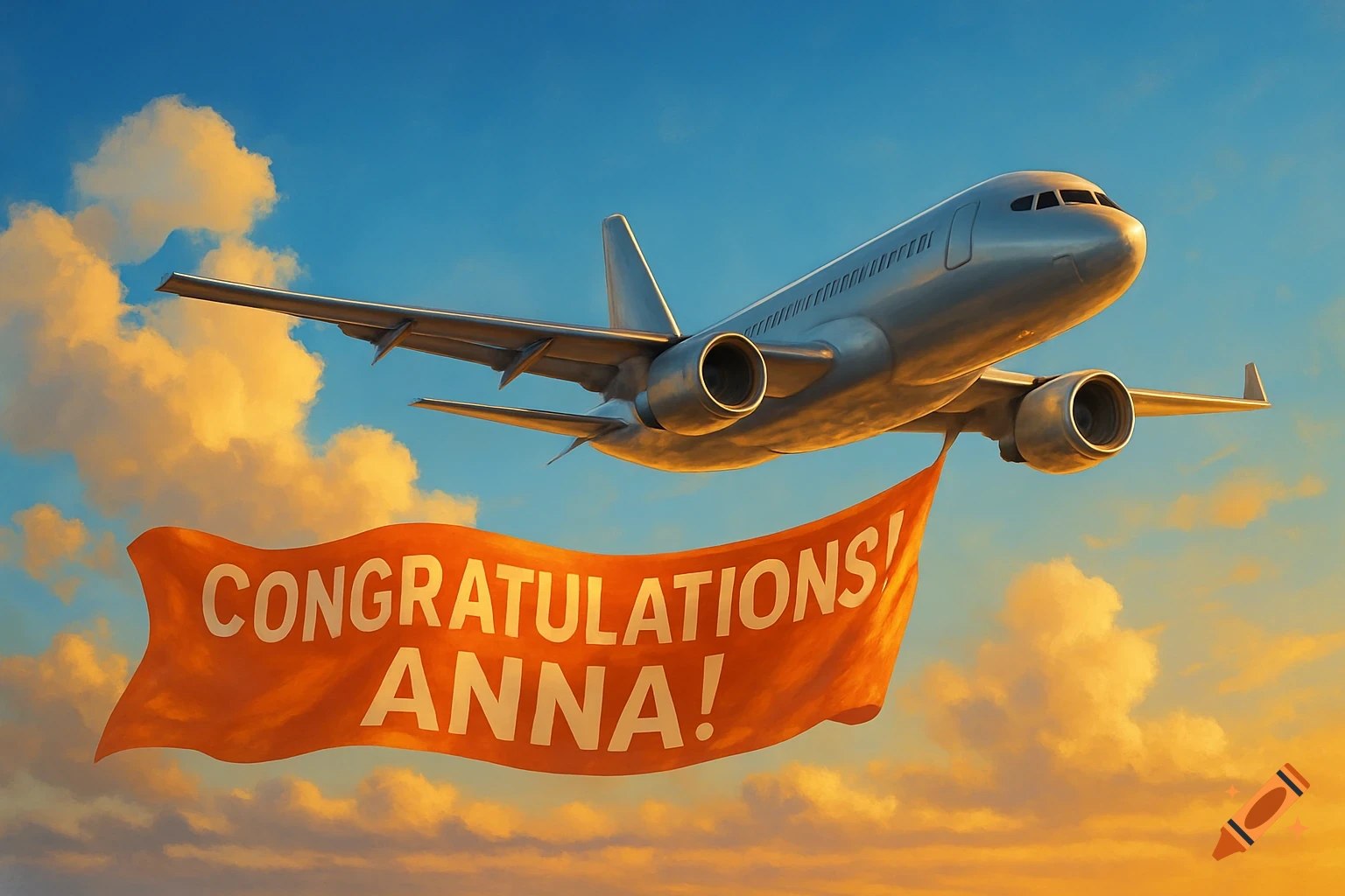 An airplane flies across a vibrant sky, trailing an orange banner that ...