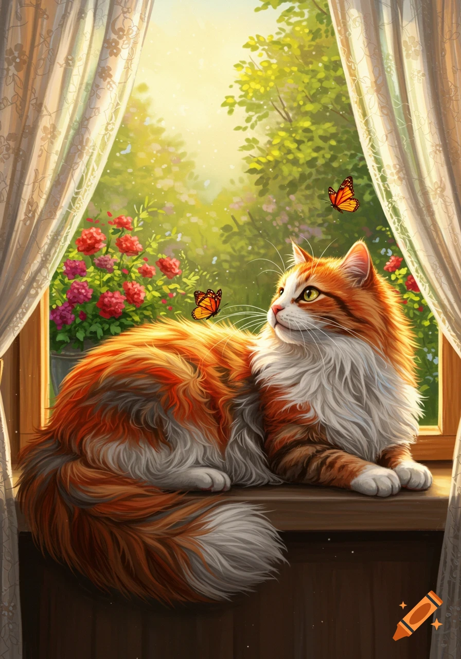 A tabby cat tangled in colorful string lights gazes at a goldfish in a ...