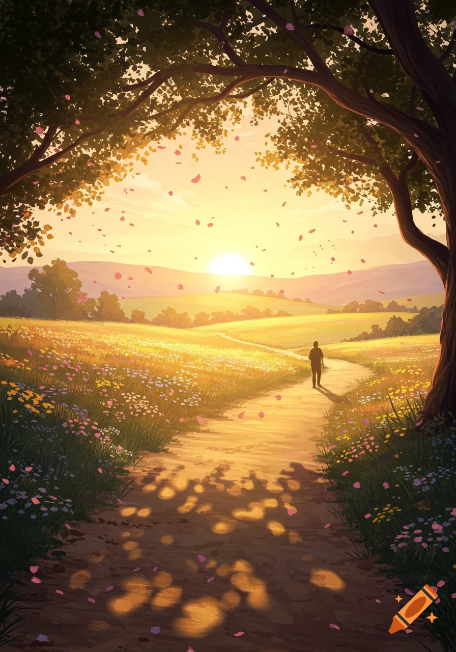 A cobblestone path winds through a vibrant meadow with wildflowers and ...