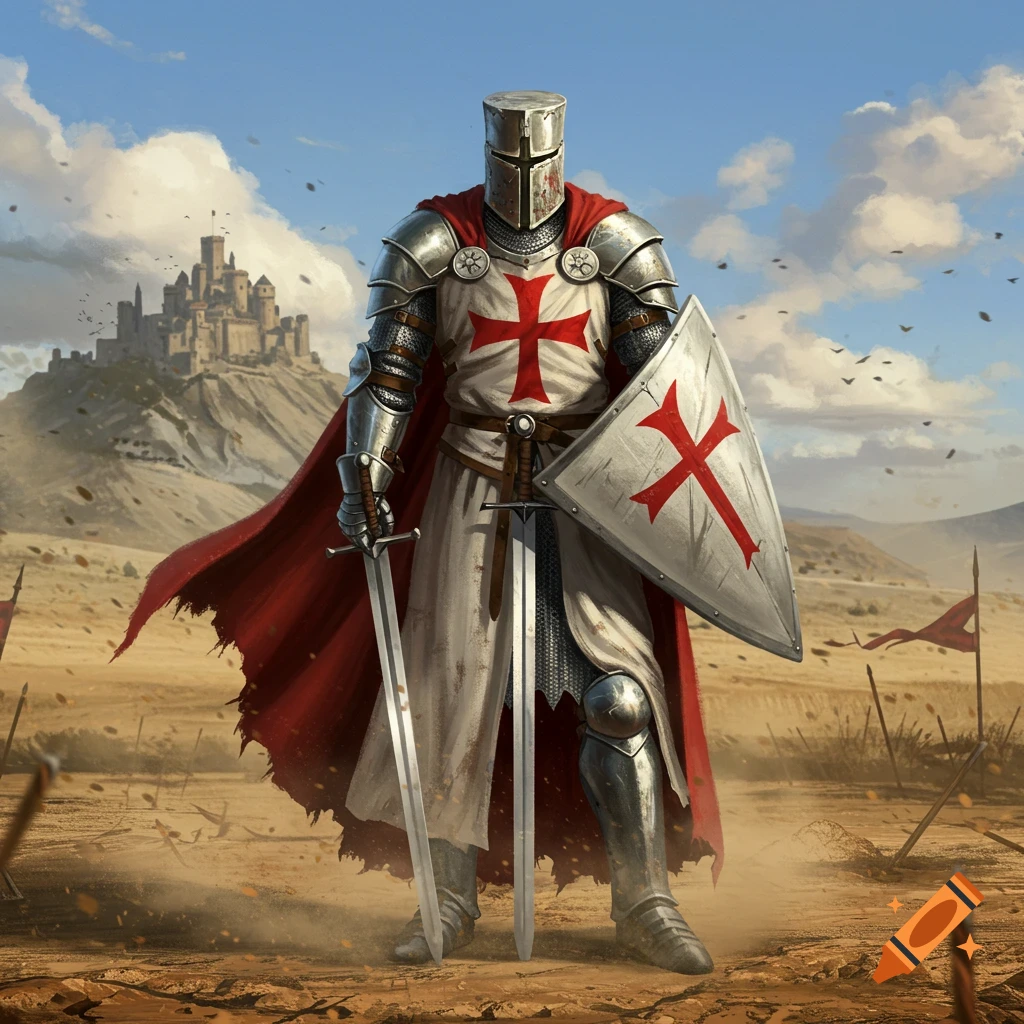 A crusader knight in full armor stands on rocks, holding a sword and ...
