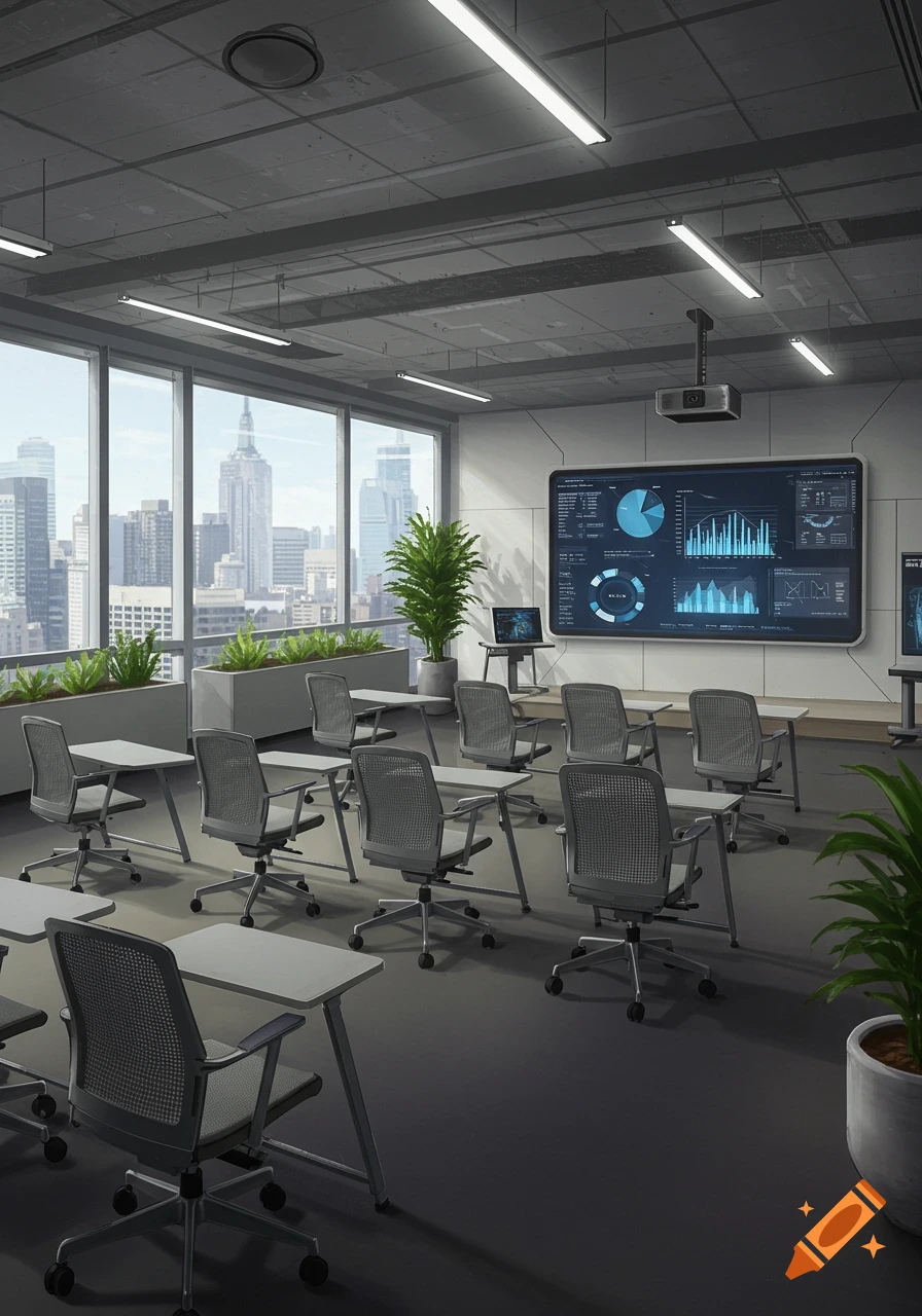 Vertical view of a large, empty modern office bullpen with rows of ...