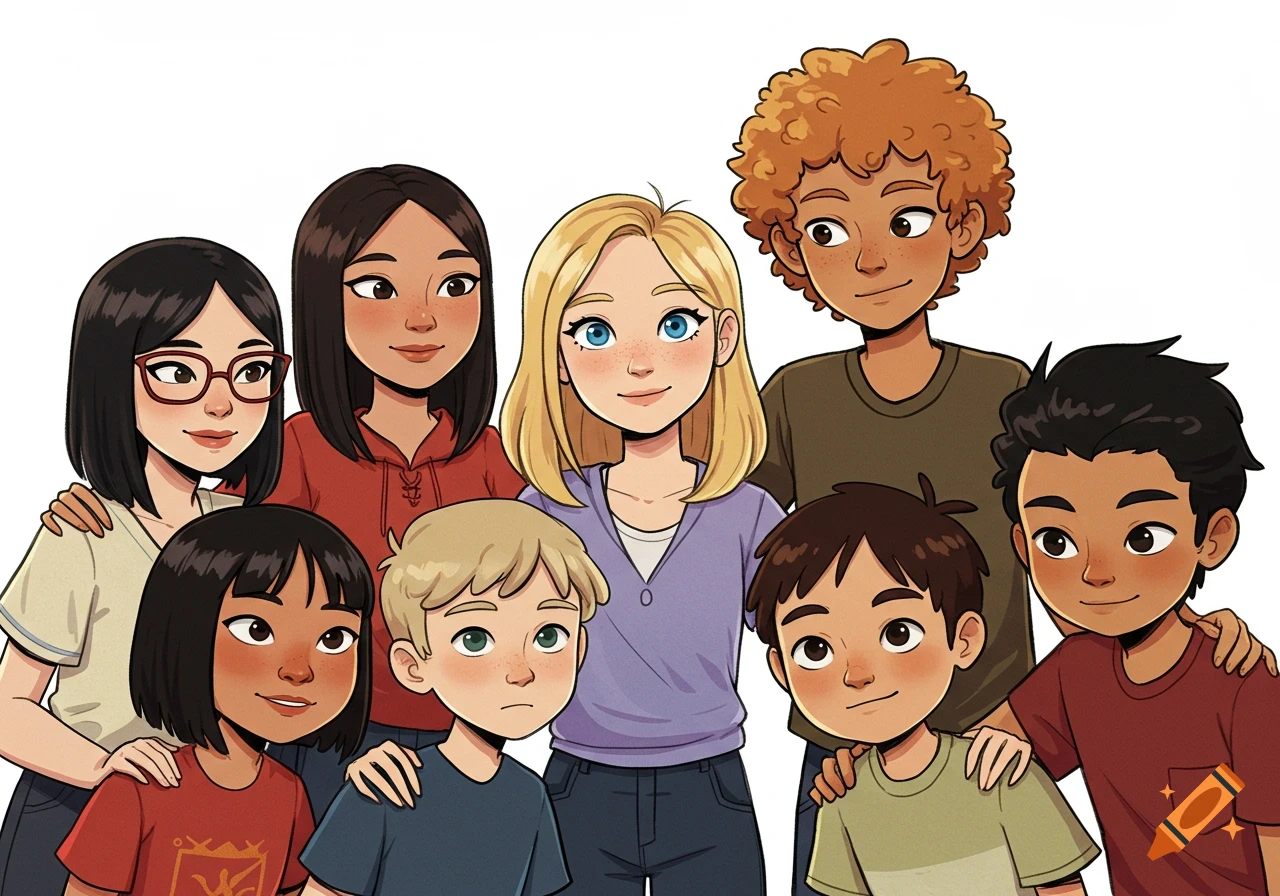 A diverse group of eight smiling cartoon children and young adults ...