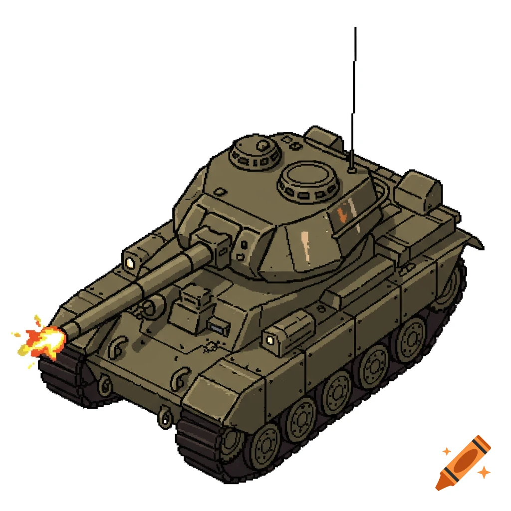 An isometric pixel art tank in olive green, firing its cannon with a ...
