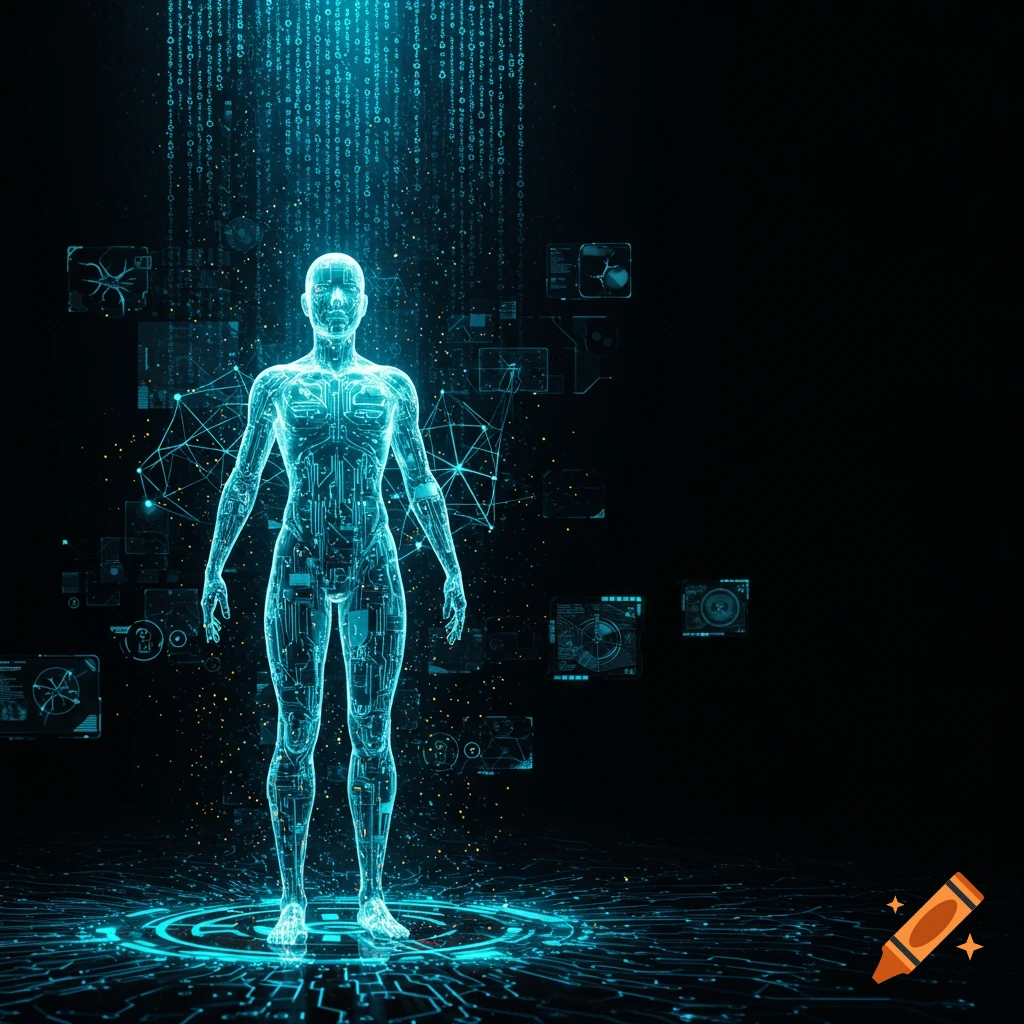 A glowing, circuit-board human figure stands in a data center surrounded by binary code and ...