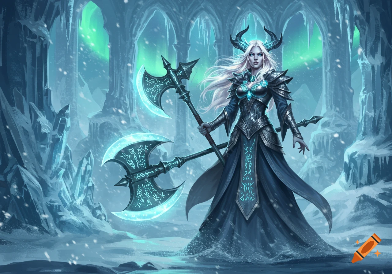 A white-haired ice queen in white and blue armor conjures ice magic ...