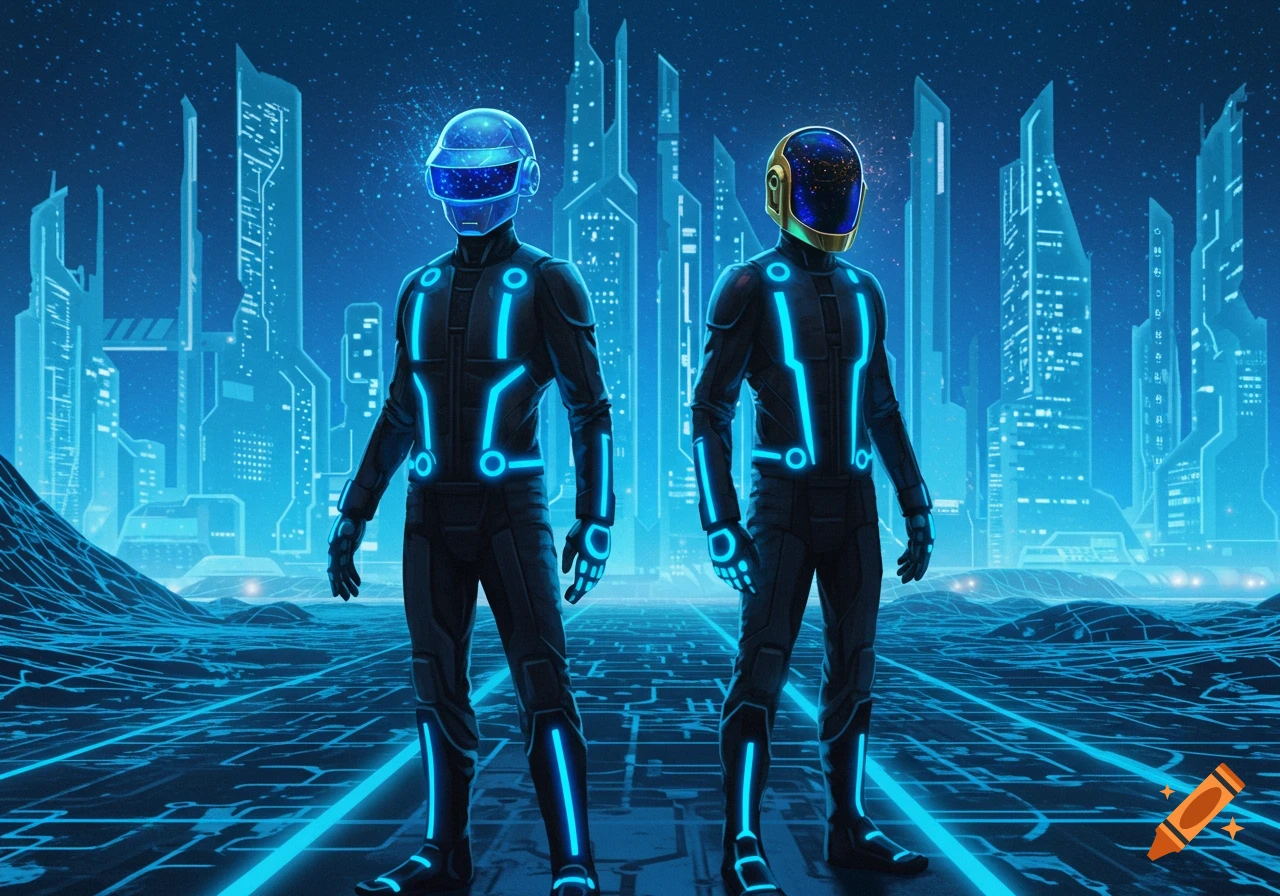 Two figures resembling Daft Punk in glowing suits stand in a futuristic ...