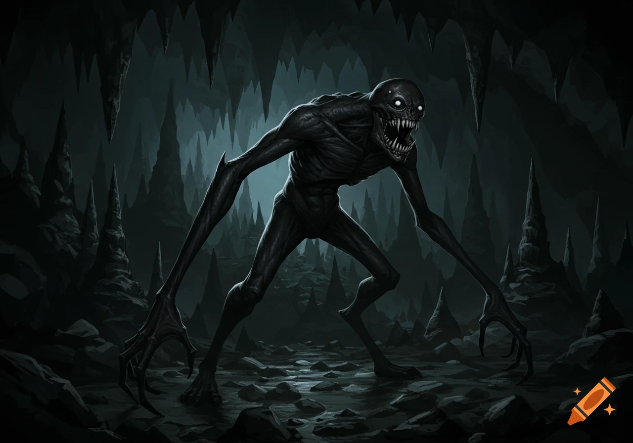 A terrifying, dark-skinned monster with glowing white eyes and sharp teeth stands in a shadowy ...