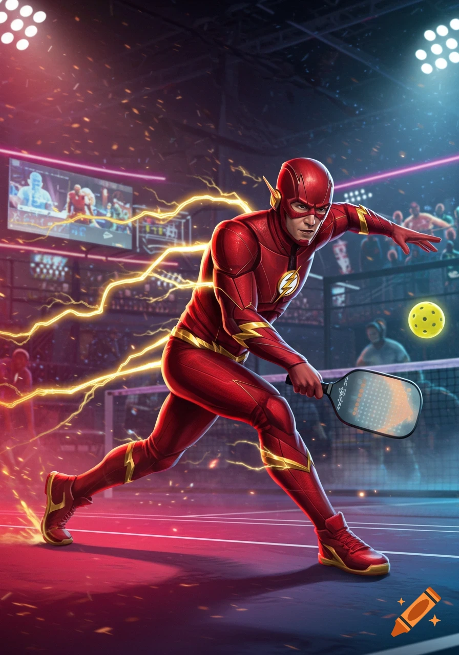 The Flash, in his red suit, quickly moves across a pickleball court ...