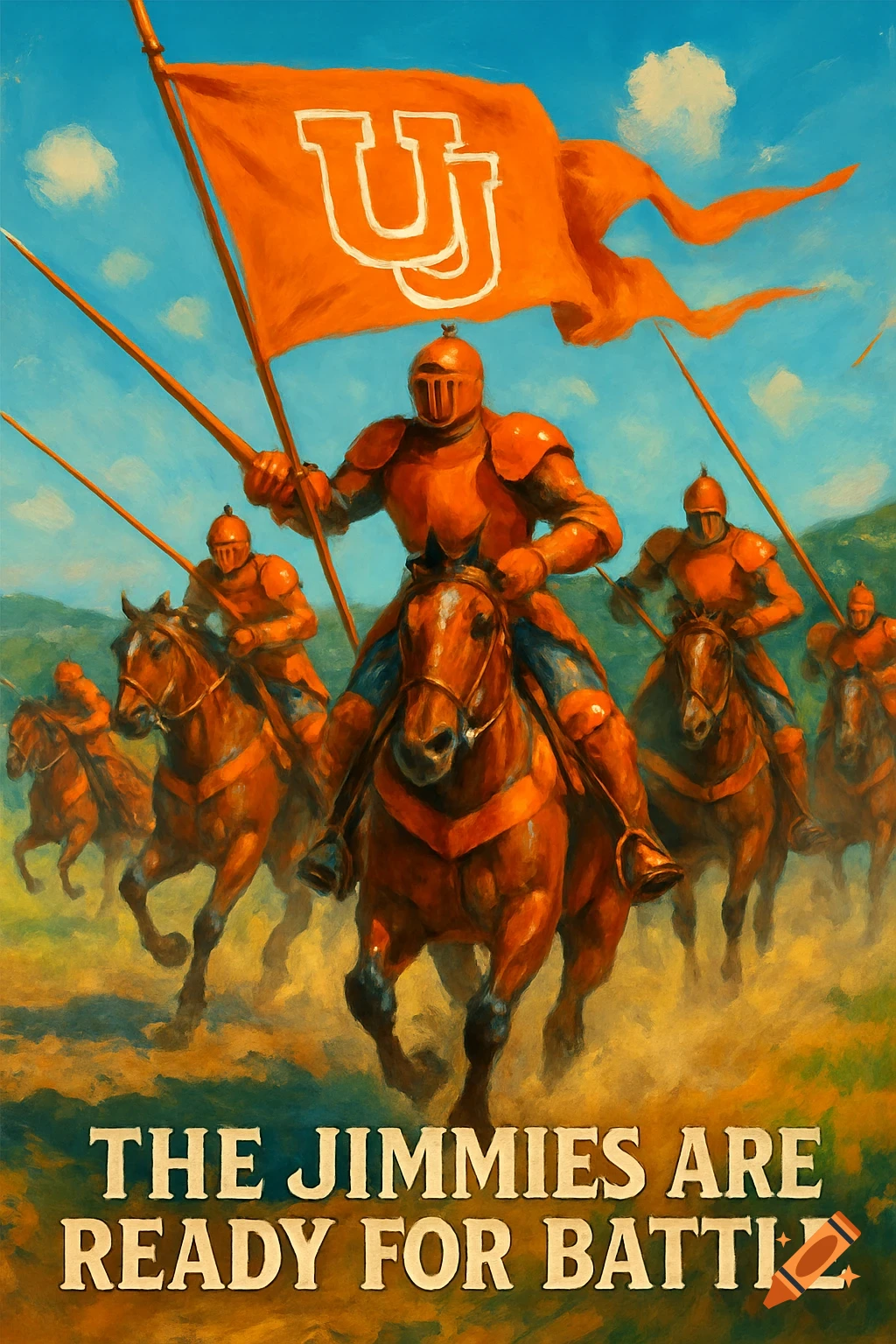 Orange knights on horseback charge into battle under a "UJ" flag. Text ...