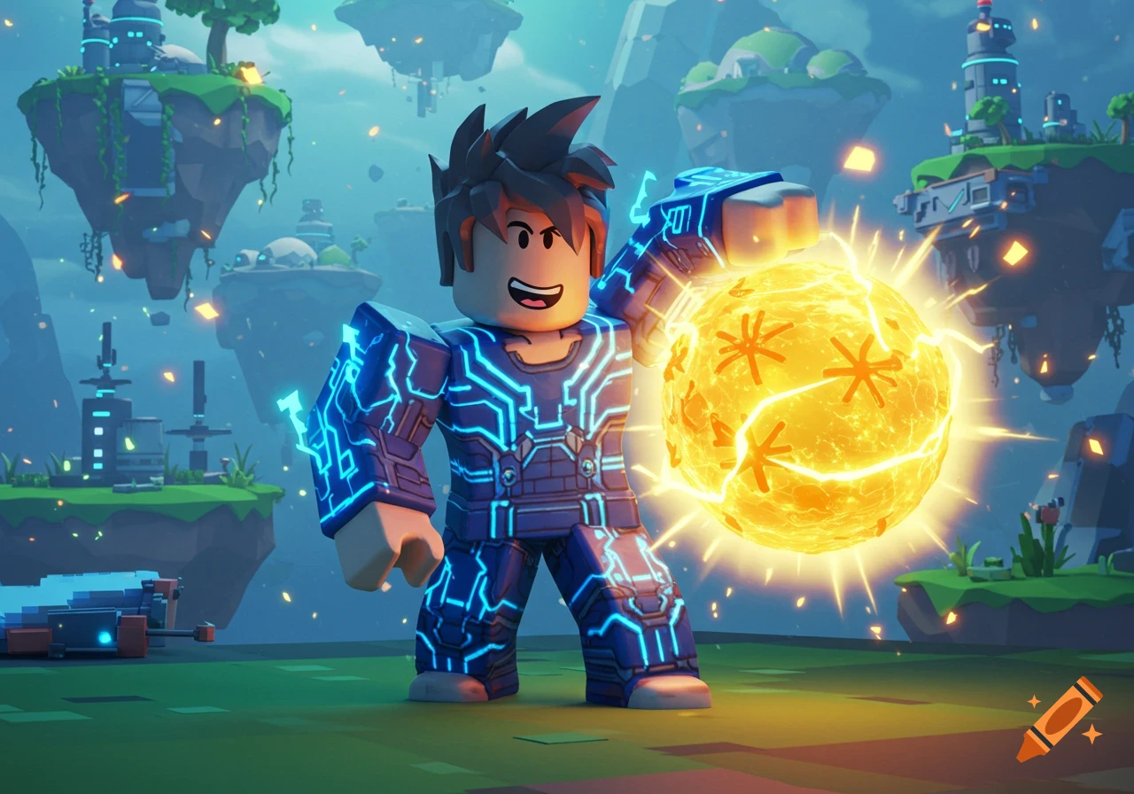 Roblox-style character floating happily in a vibrant, neon blue and ...