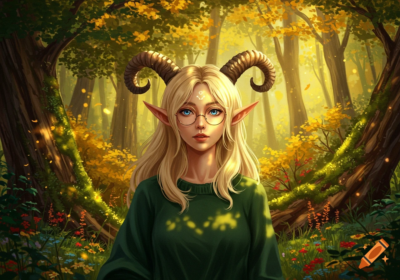 Blonde faun-like woman with ram horns and glasses in a vibrant, sunlit fantasy forest. on Craiyon