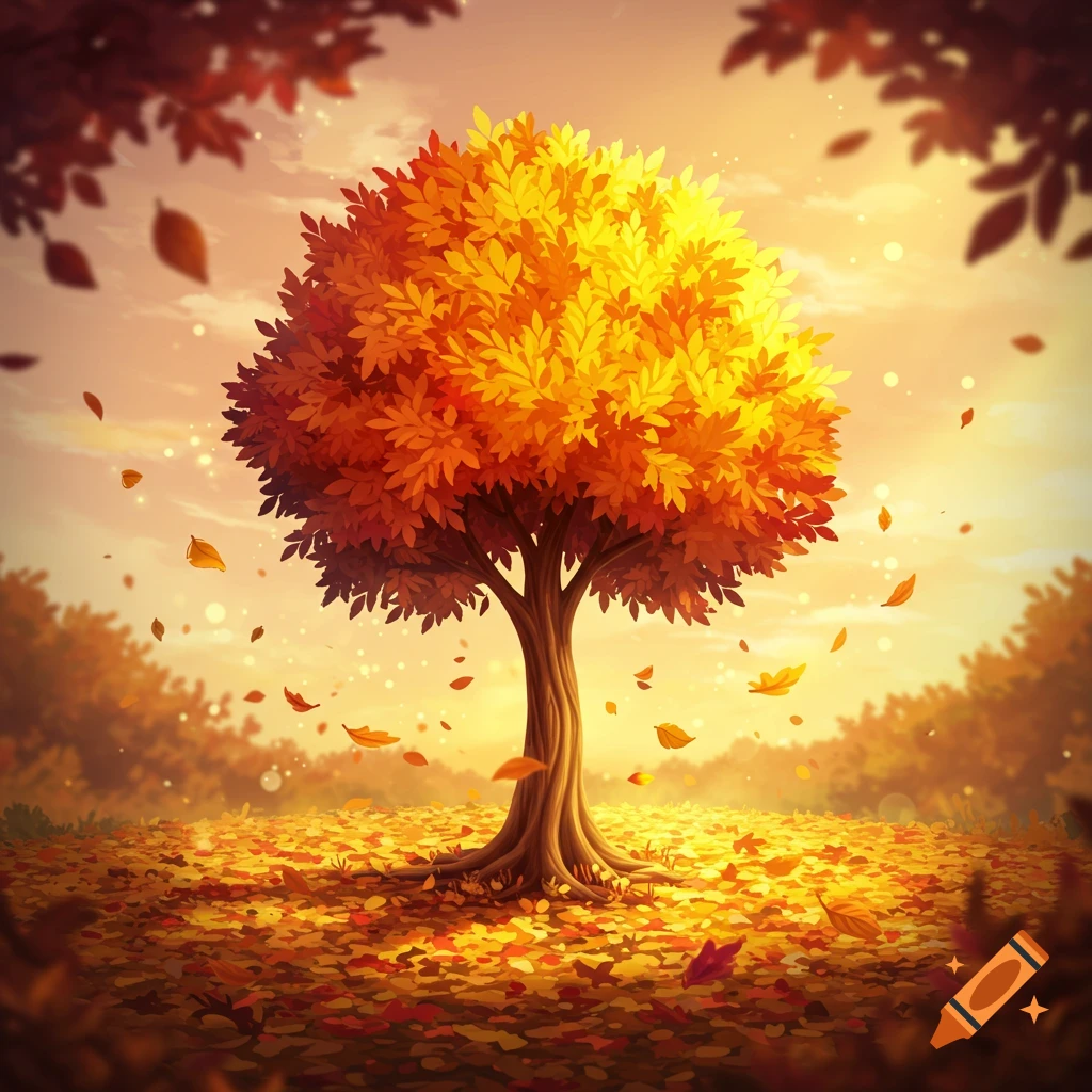 A single tree dramatically split, half in golden autumn leaves and half ...