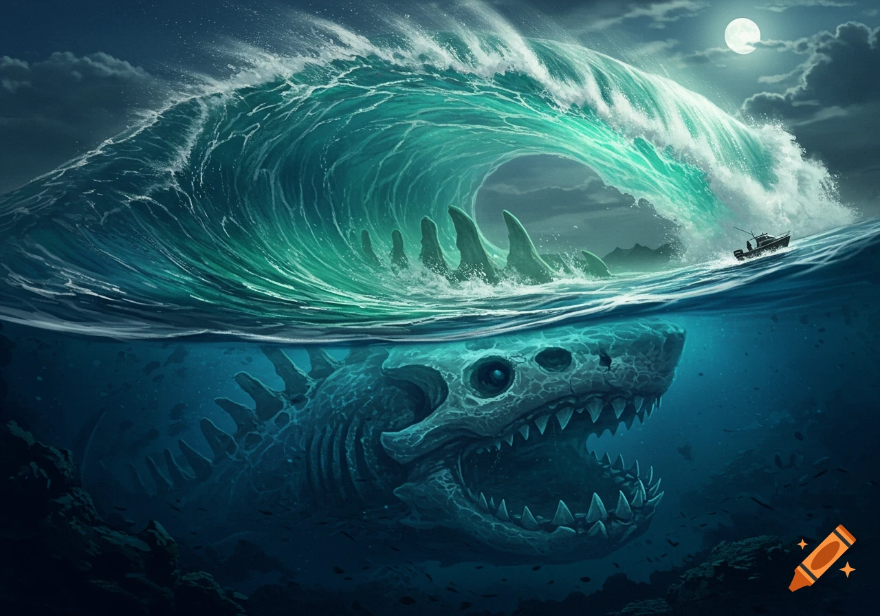 A giant, skeletal sea monster with gaping jaws lurks under a massive ...