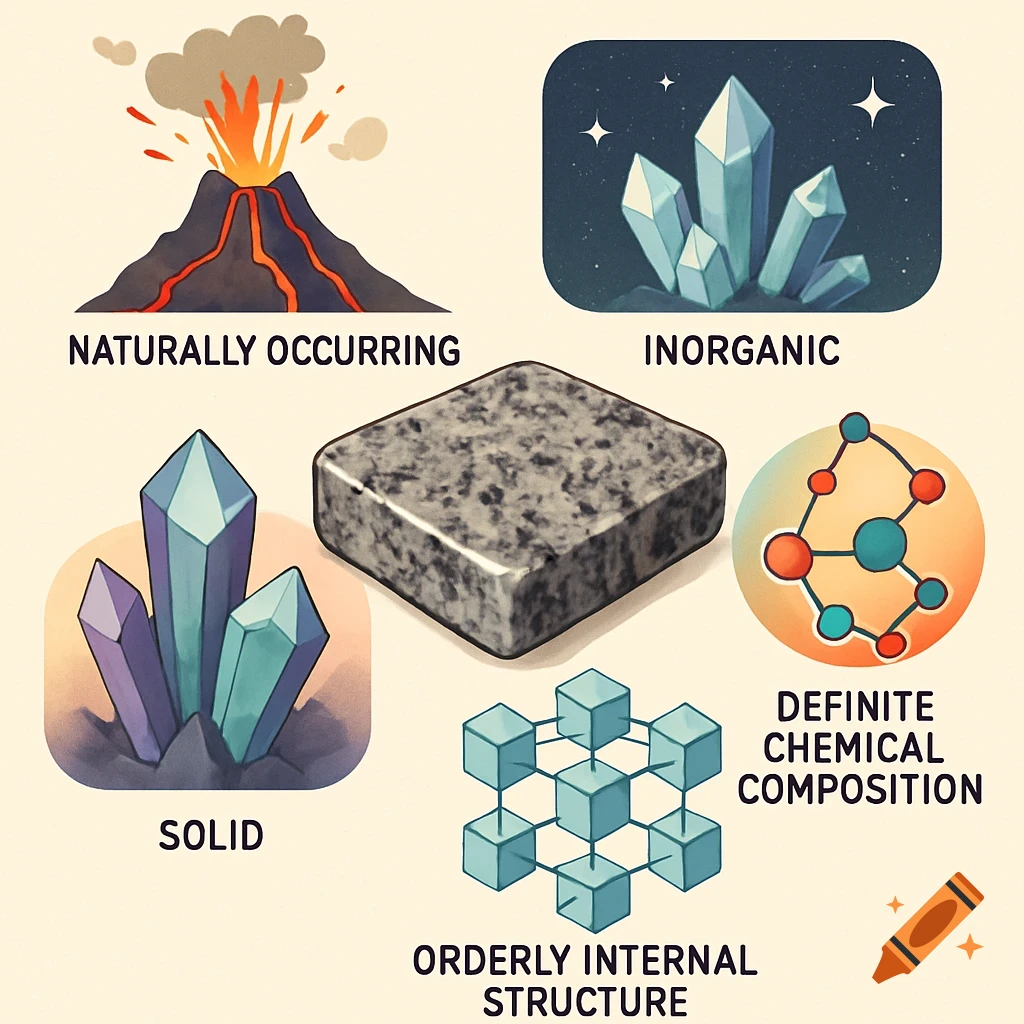 An infographic illustrating the five requirements to be a mineral, with ...