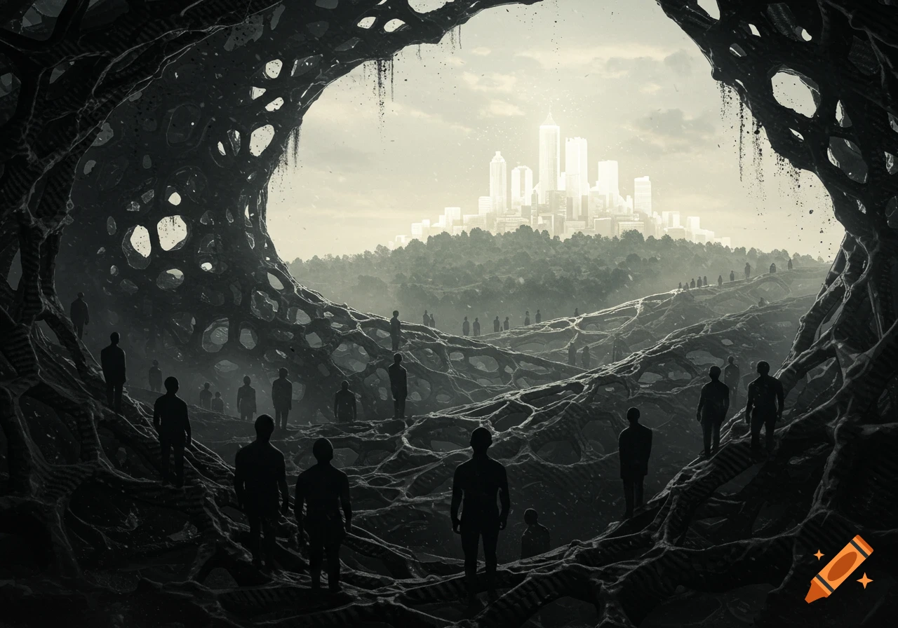 Photorealistic image of a horde of zombies with glowing red eyes wading ...