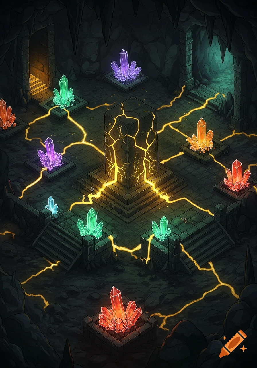 Top-down sci-fi battle map featuring a river, glowing blue crystals ...