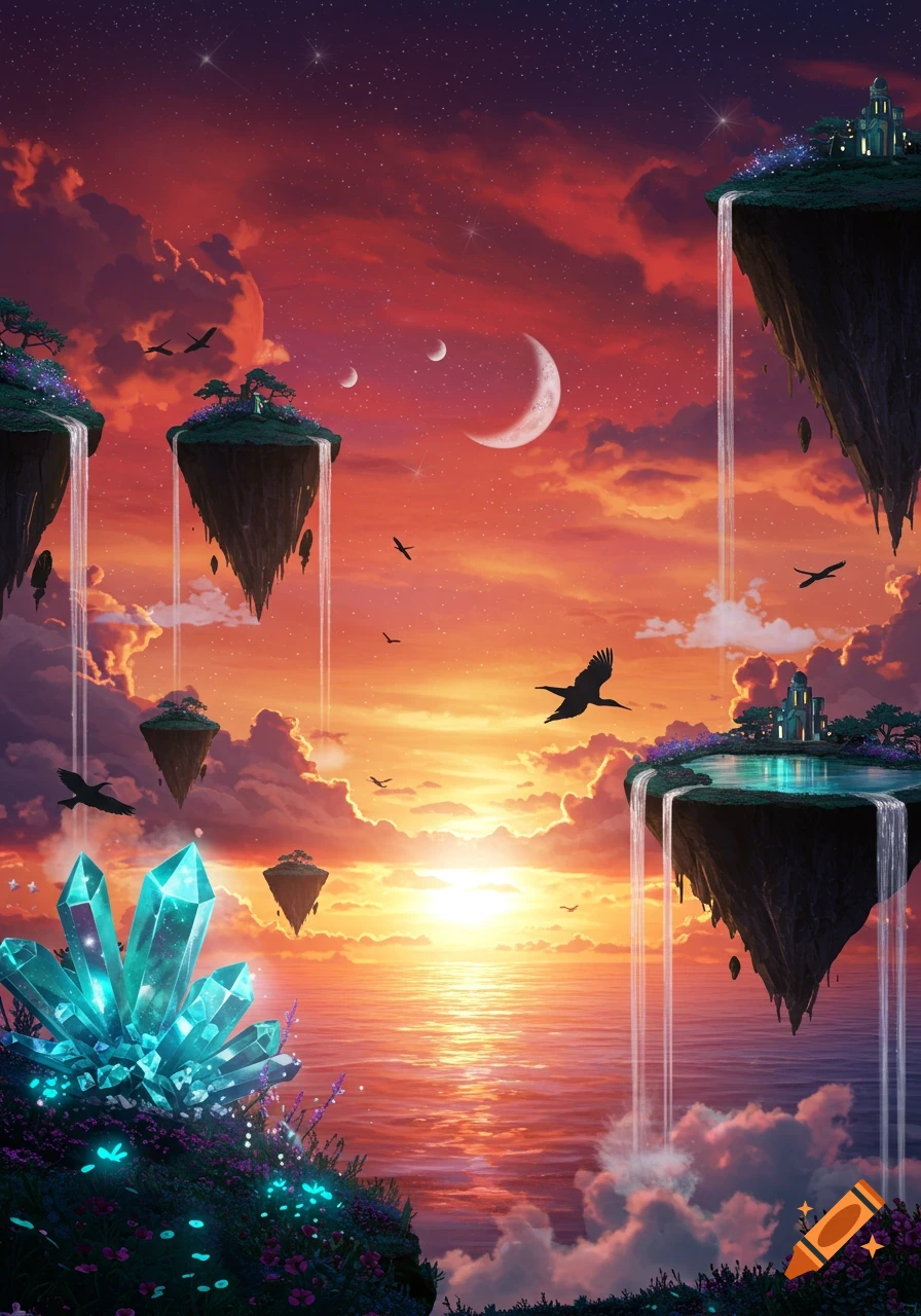 Dramatic sunset over a mountainous landscape with a small waterfall and ...