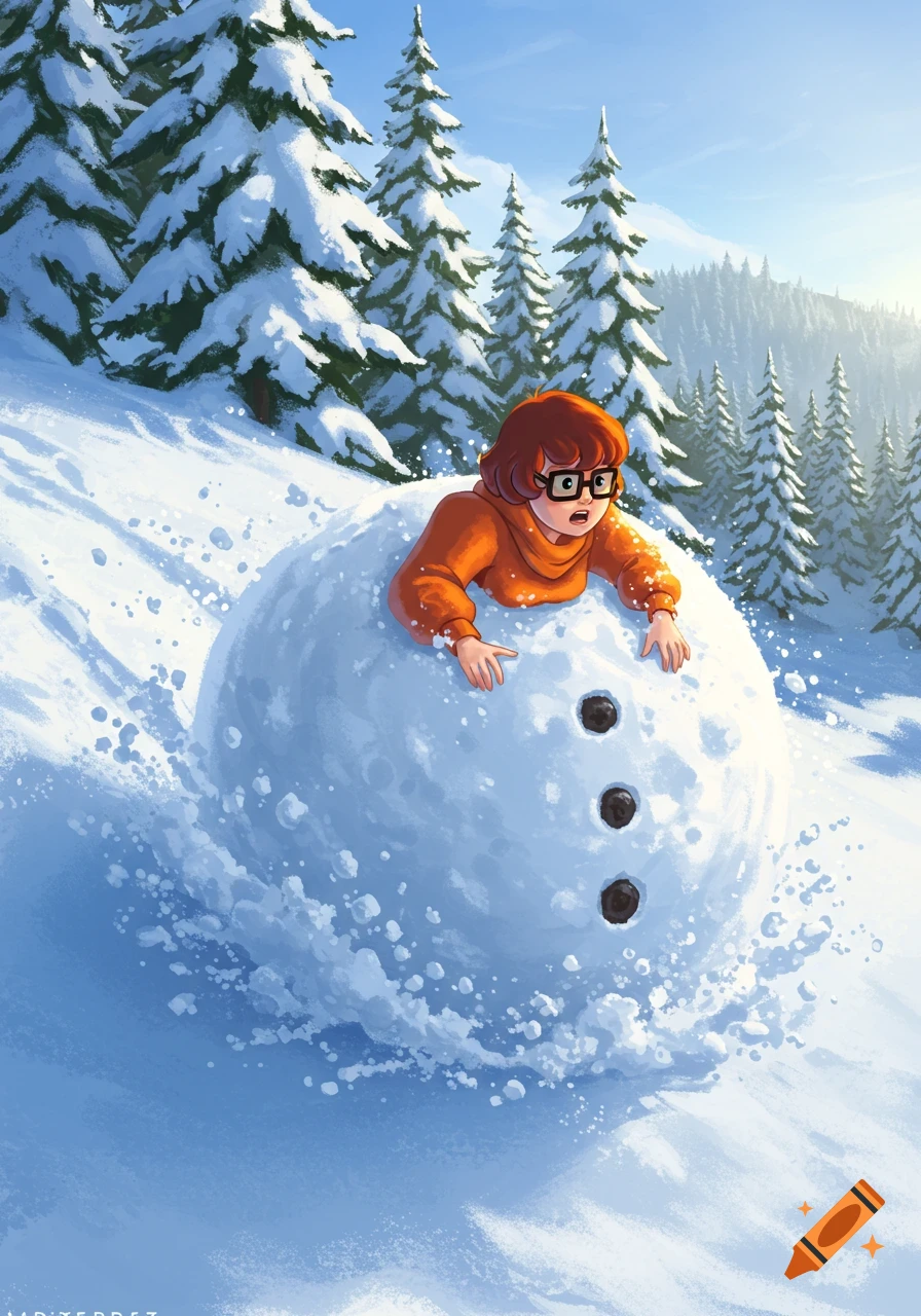 Velma Dinkley stuck in a giant snowball rolling down a snowy mountain ...