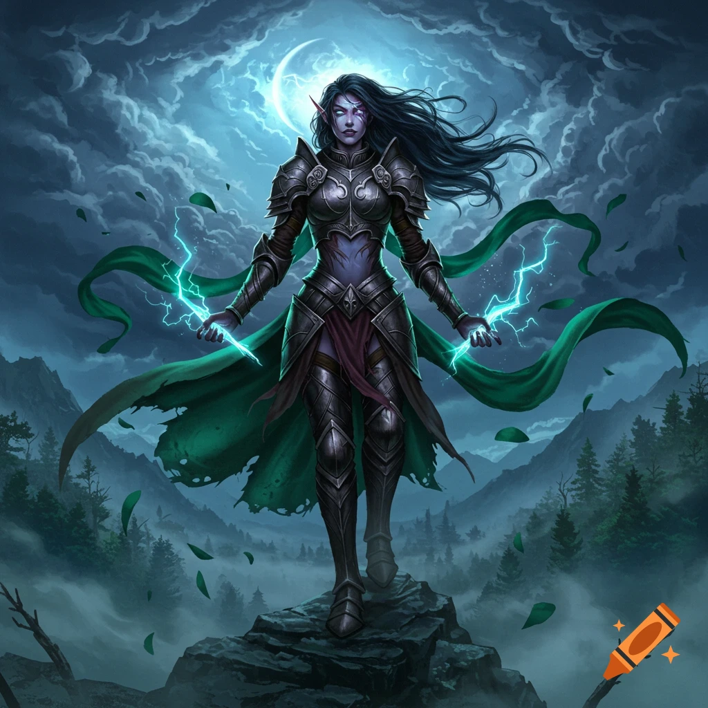 A dark fantasy illustration of a female demon with red eyes, horns, and ...