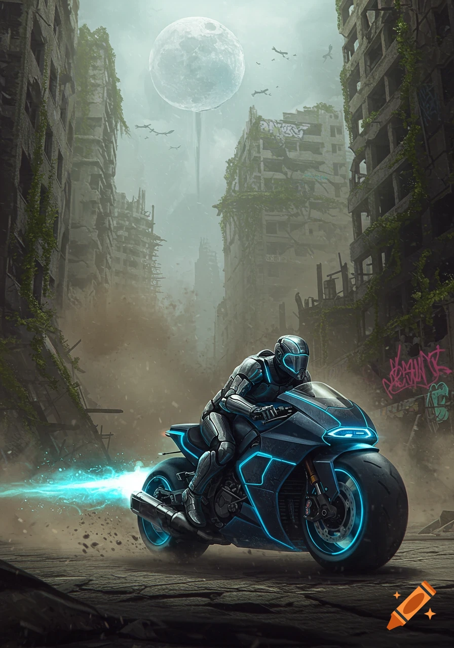 A stylized blue motorcycle with snowflake decals races across an icy ...