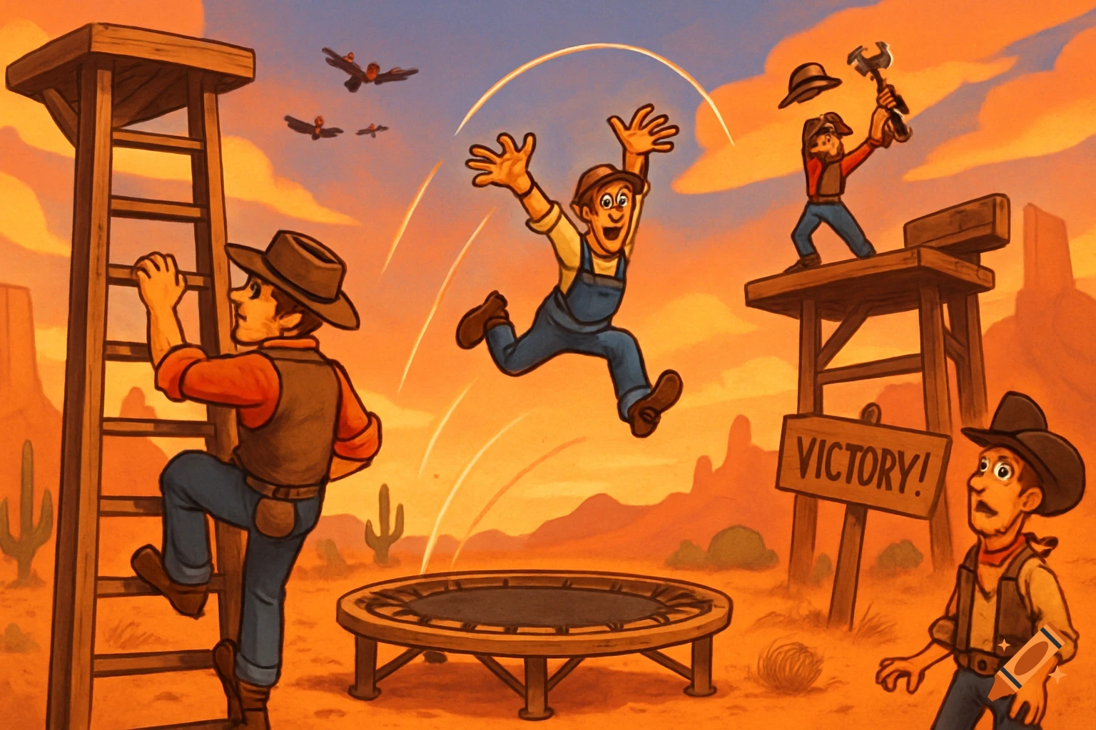 A friendly cartoon cowboy in a denim shirt, red bandana, and boots sits ...