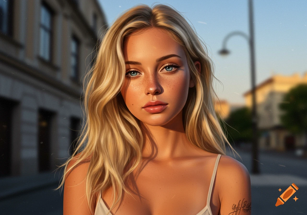 Stylized portrait of a young woman with blonde hair in a messy bun, tan ...