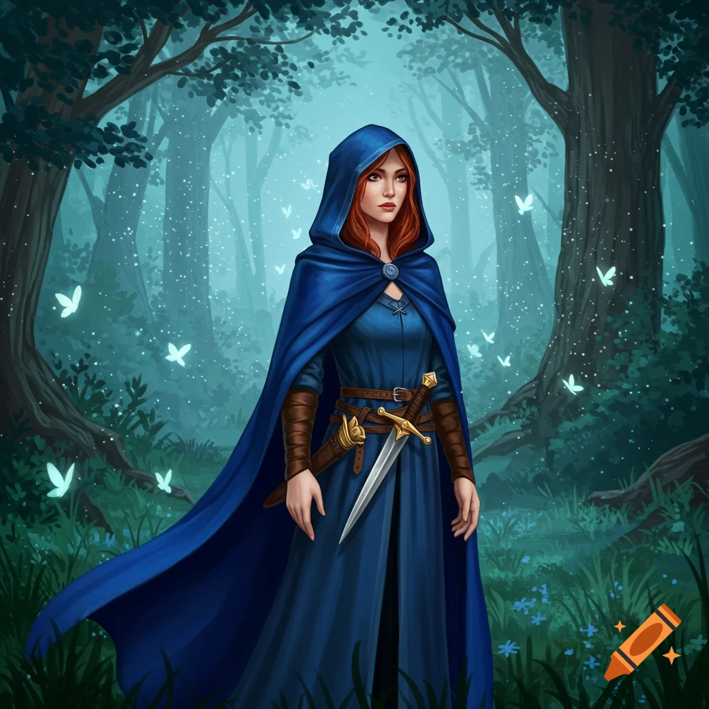 Demure red-haired woman in a blue hooded cloak with a golden dagger ...