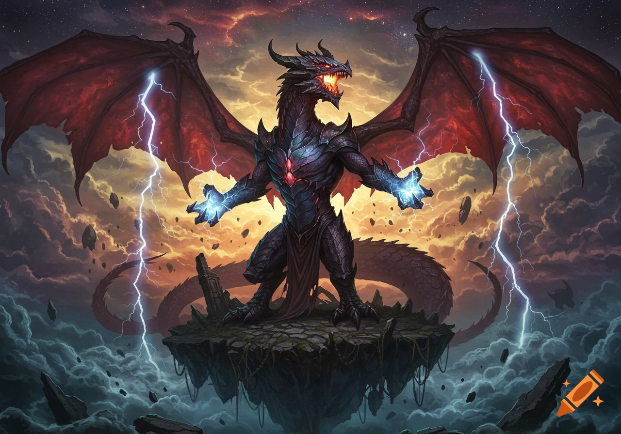 A powerful black dragon with large red wings stands on a floating ...