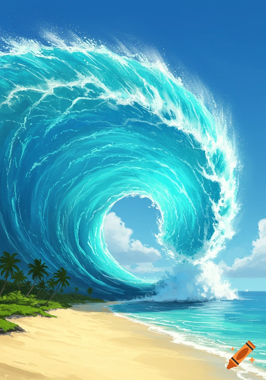 A massive blue tsunami wave approaches an ornate building surrounded by ...