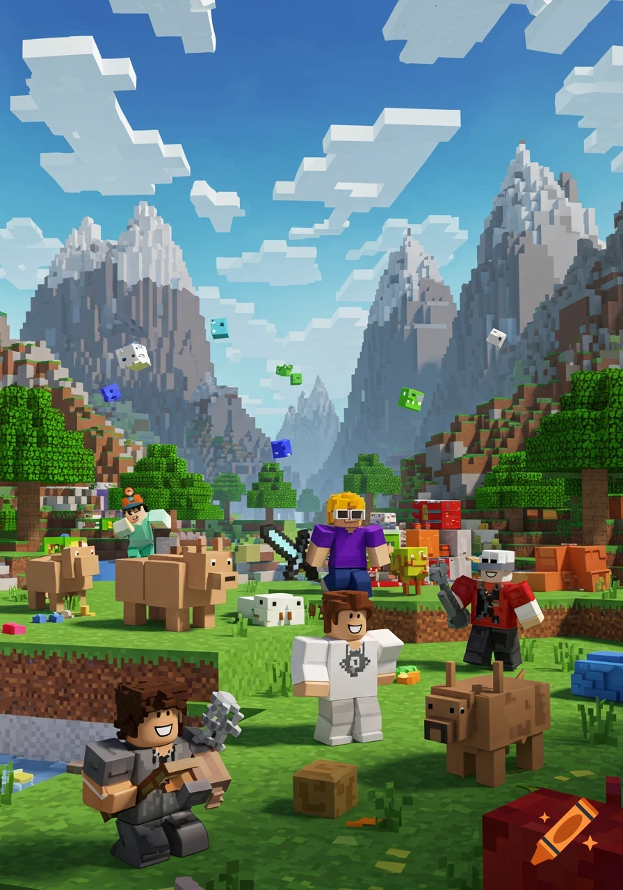 Four blocky Minecraft-style characters stand in a snowy Christmas scene ...