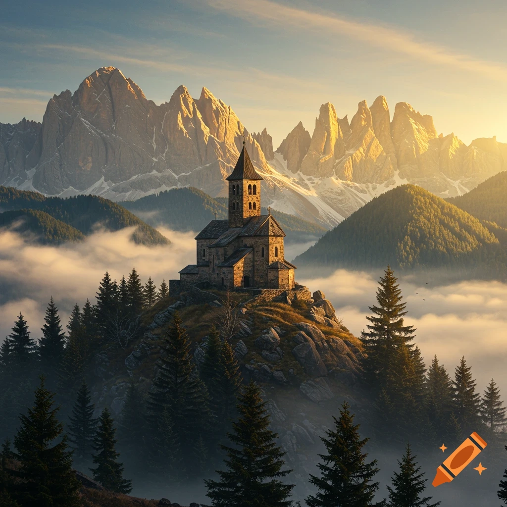 Photorealistic view of an old stone church on a misty hilltop, surrounded by pine trees, with ...