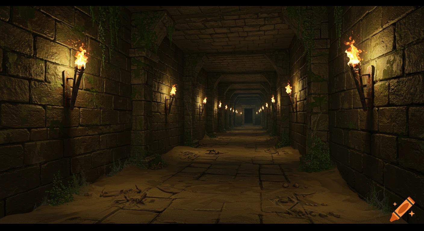 A dimly lit ancient stone dungeon room with sunlight beams through ...