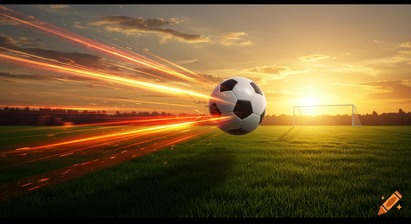 Realistic football stadium at night with a pitch split by blue and red ...