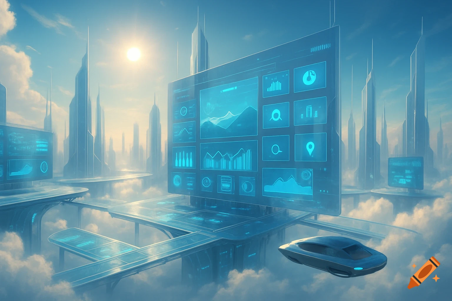 Central mechanical eye with glowing data streams, satellite, thermal ...