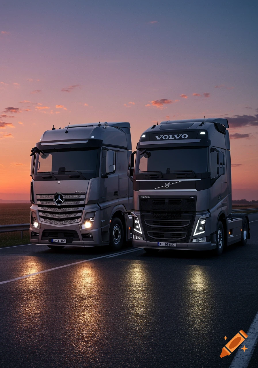 Two grey semi-trucks, a Mercedes and a Volvo, parked side-by-side on a ...