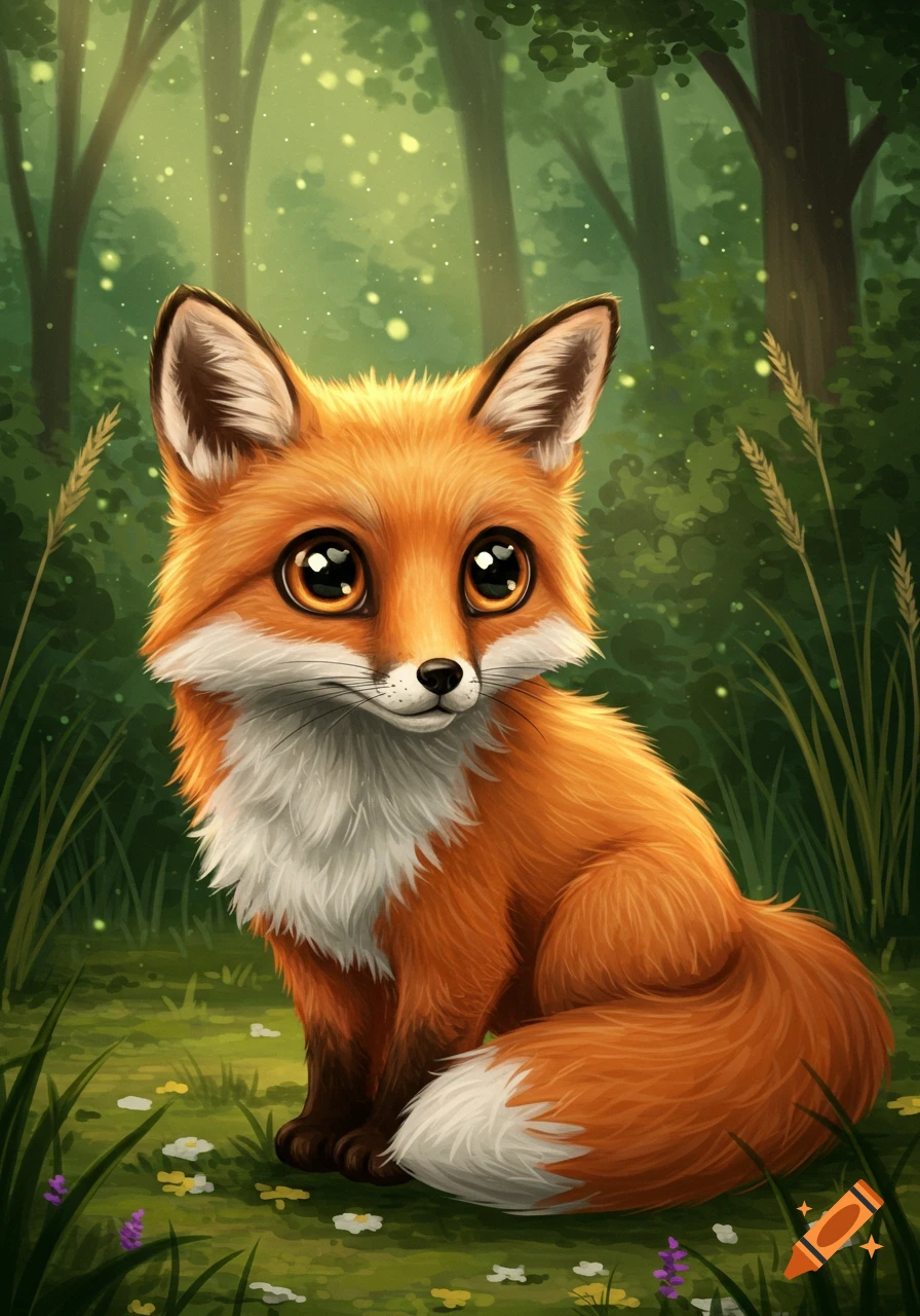 A cute, vibrant green fox with large eyes and a white chest, covered in ...