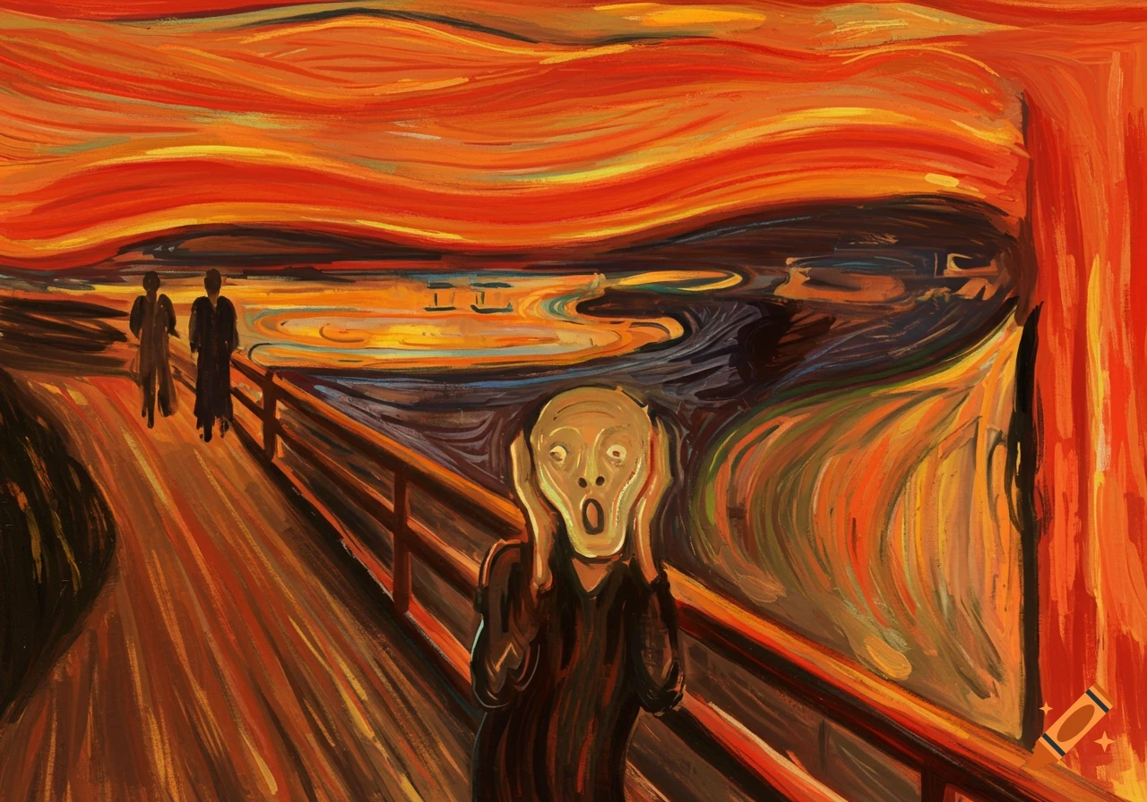 A painting in the style of Edvard Munch's 'The Scream,' featuring a ...