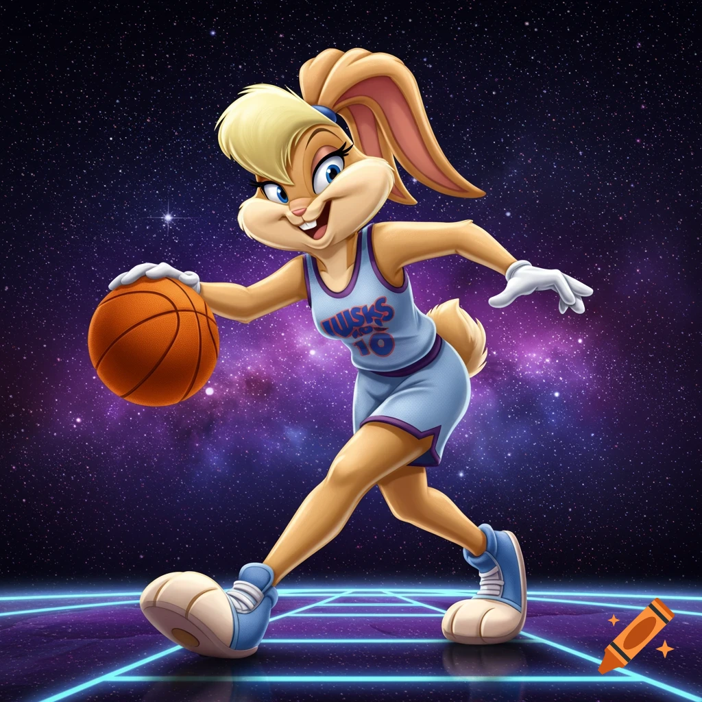 Lola Bunny in a purple basketball uniform holds a basketball on a court ...