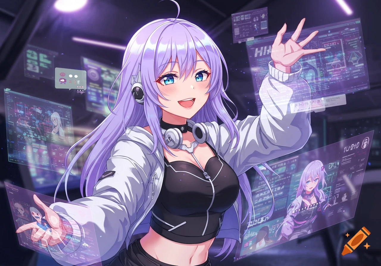 An anime girl with light purple hair and blue eyes stands in a dark ...