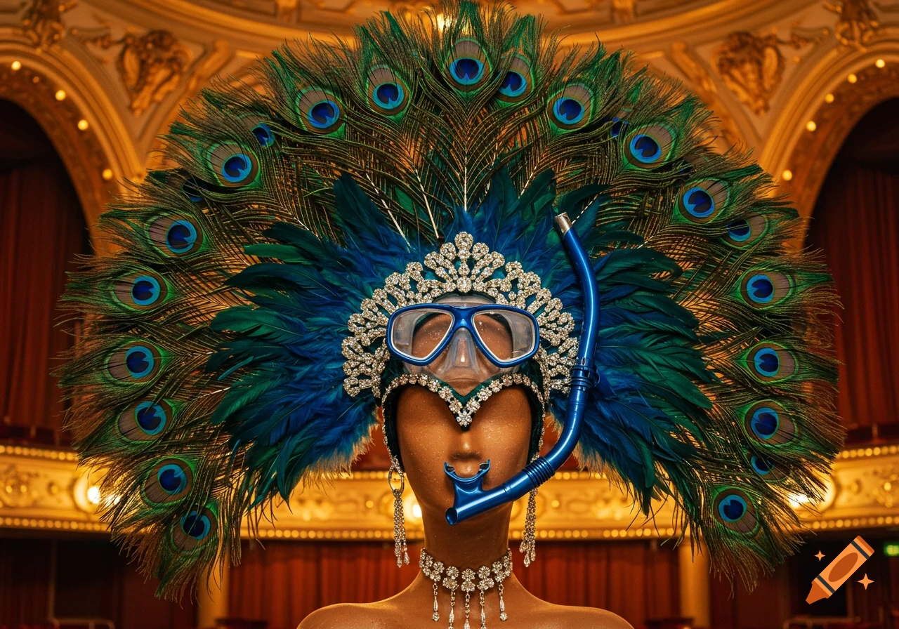 A mannequin-like figure with an elaborate peacock feather headdress ...