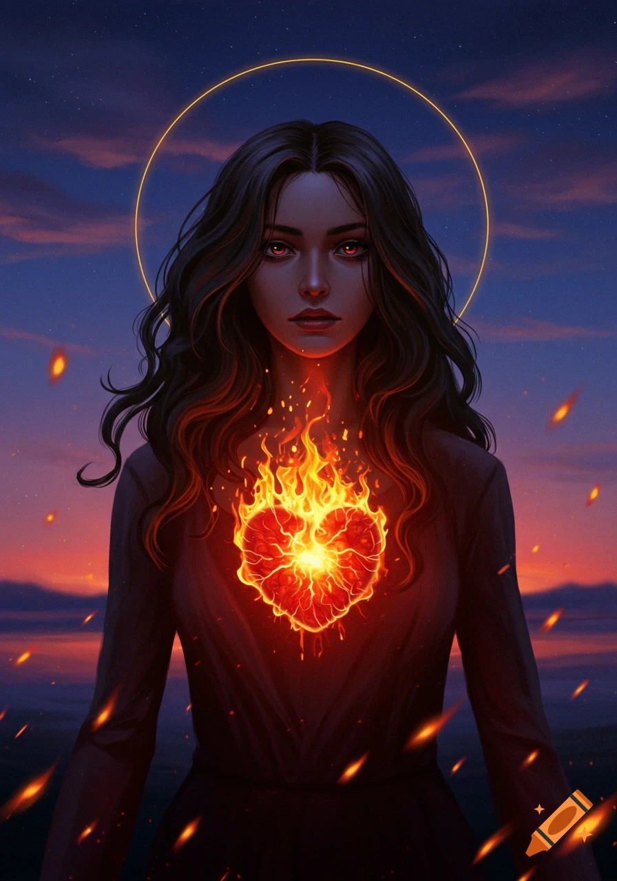 Digital painting of a dark-haired woman with red eyes and a flaming ...