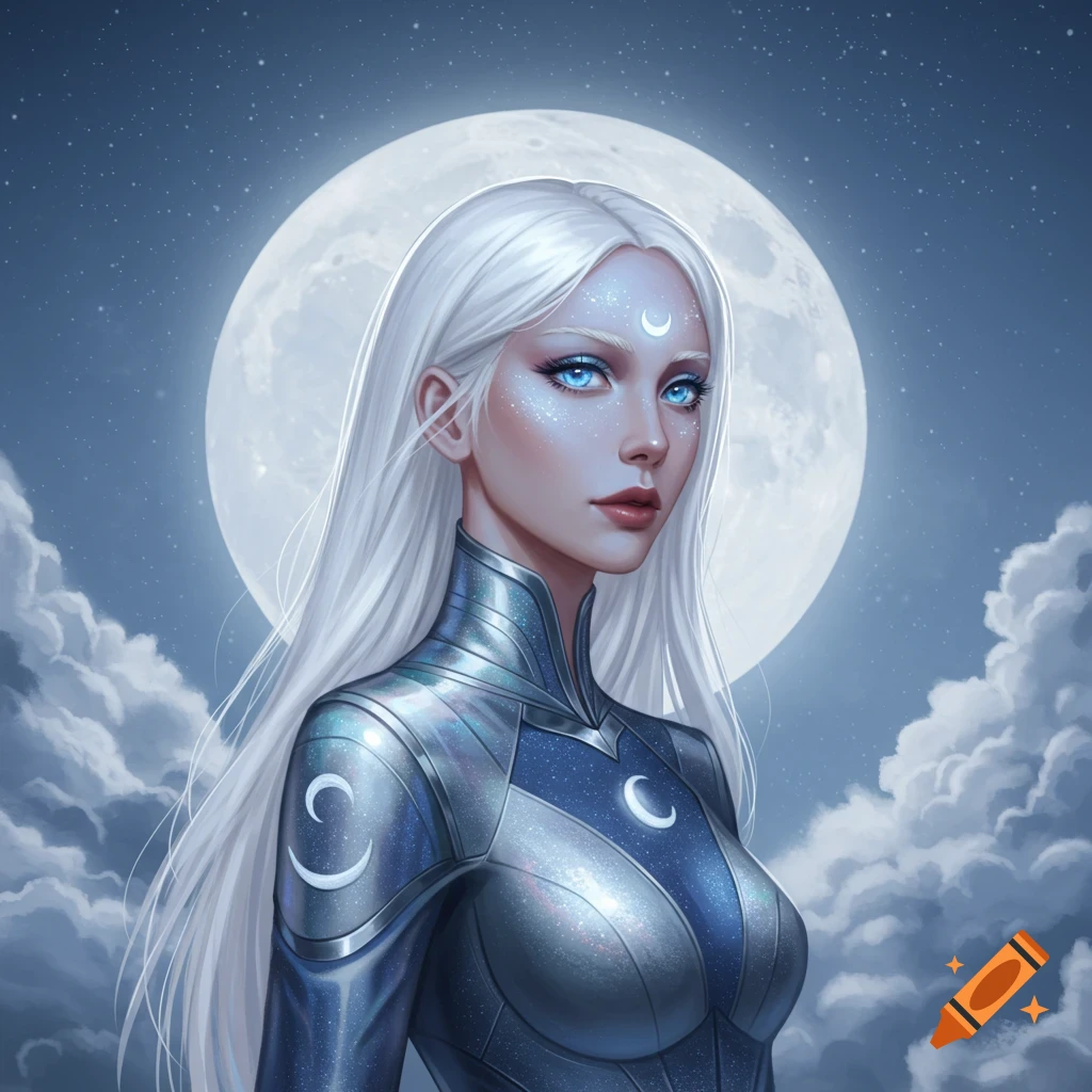 A digital art portrait of a graceful woman with white hair and blue ...