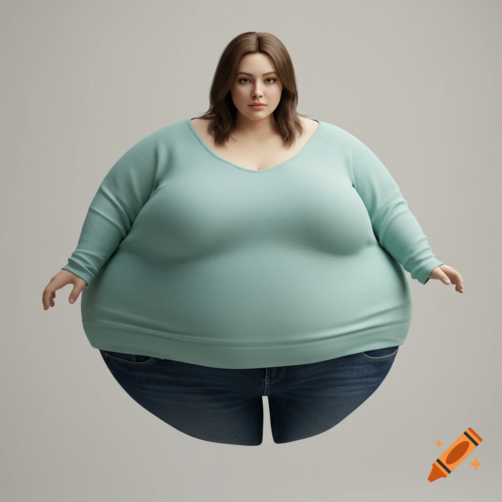 A young woman with a spherical, inflated body in a teal shirt and jeans ...