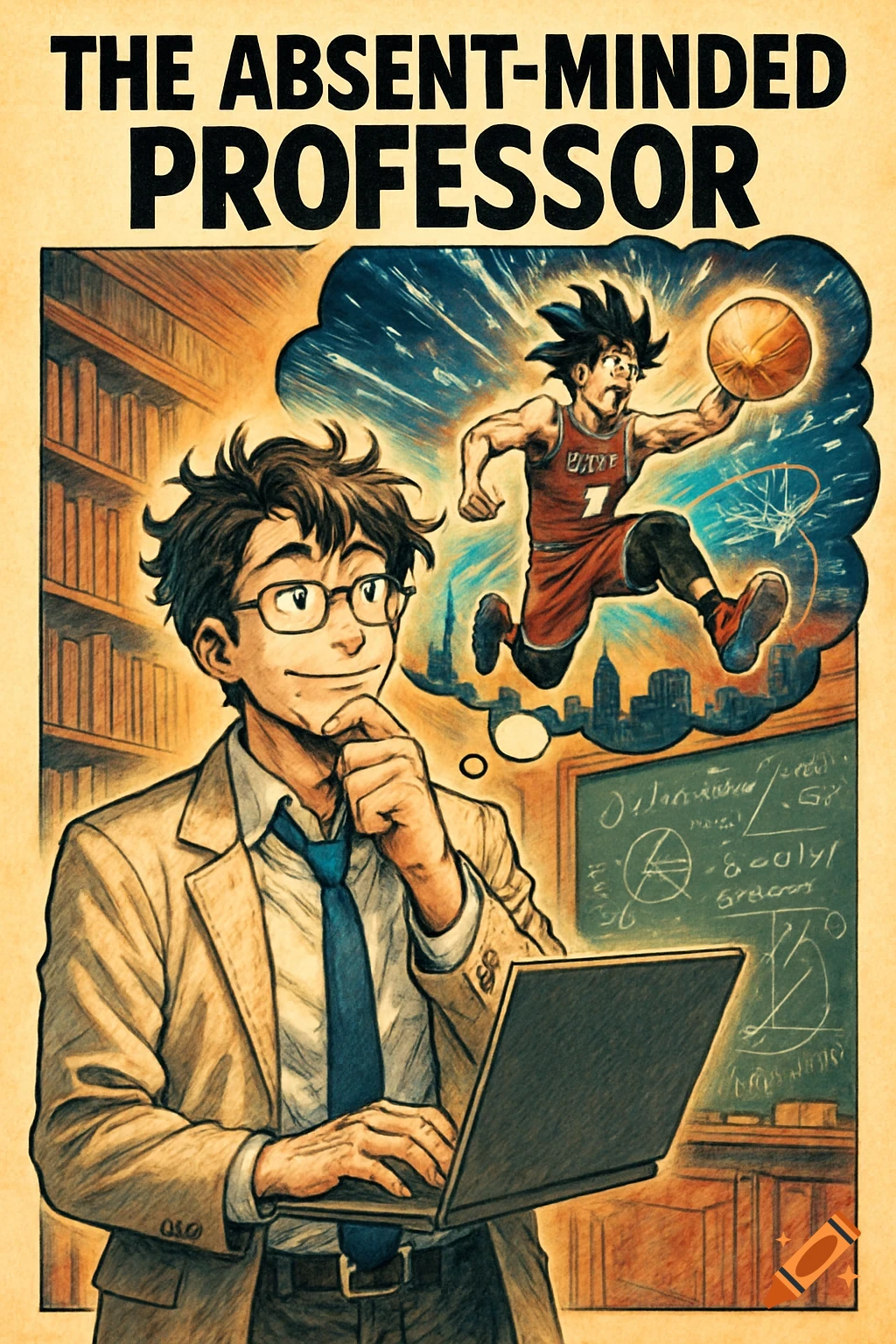 Manga comic cover with a young professor at a laptop, thinking of an ...