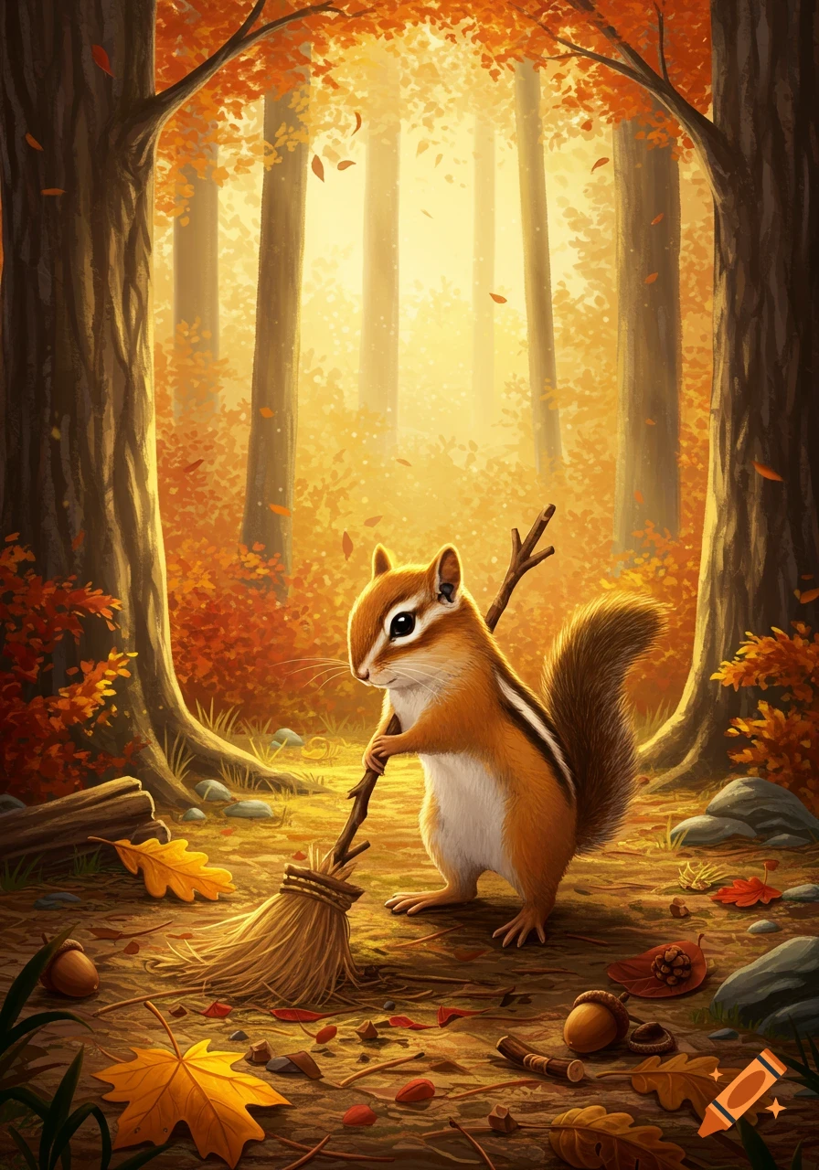 A whimsical illustration of a chipmunk sweeping fallen autumn leaves ...